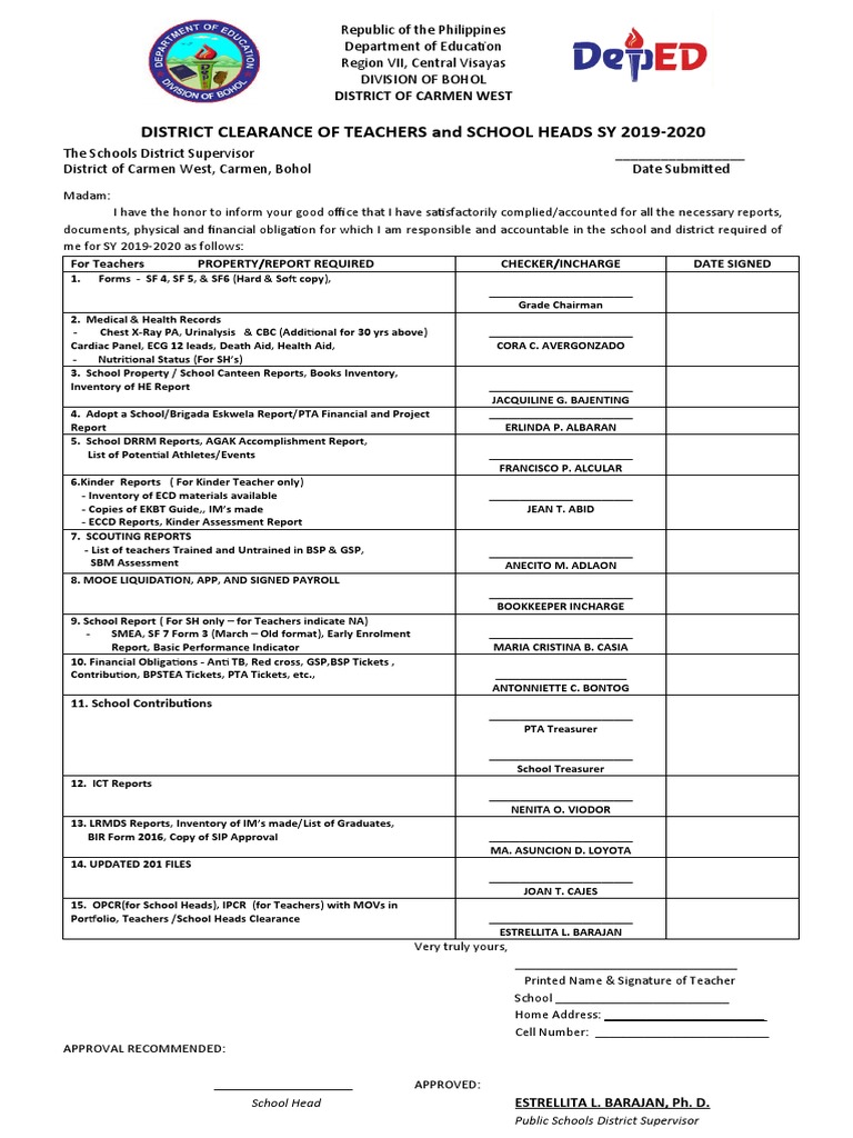 District Clearance of Teachers and School Heads Sy 2019-2020 | PDF ...