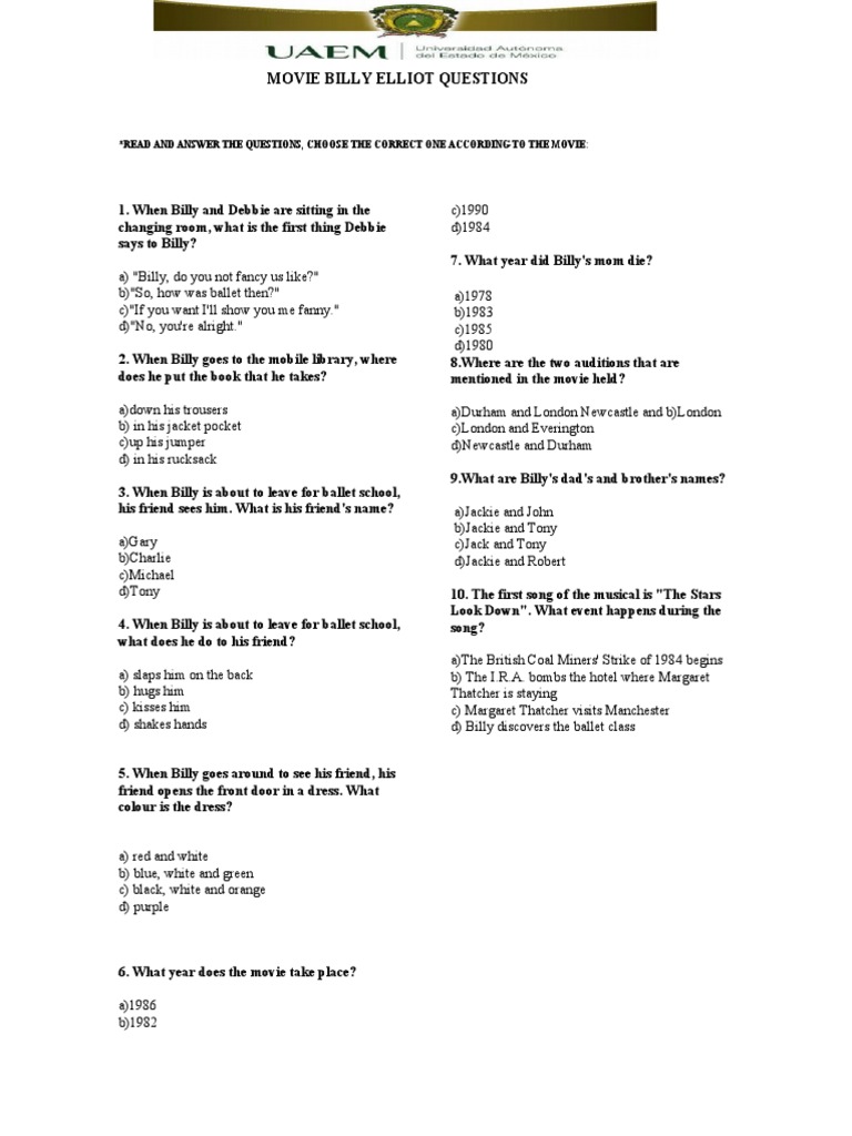 Billy Elliot Movie Quiz Questions | PDF | Clothing