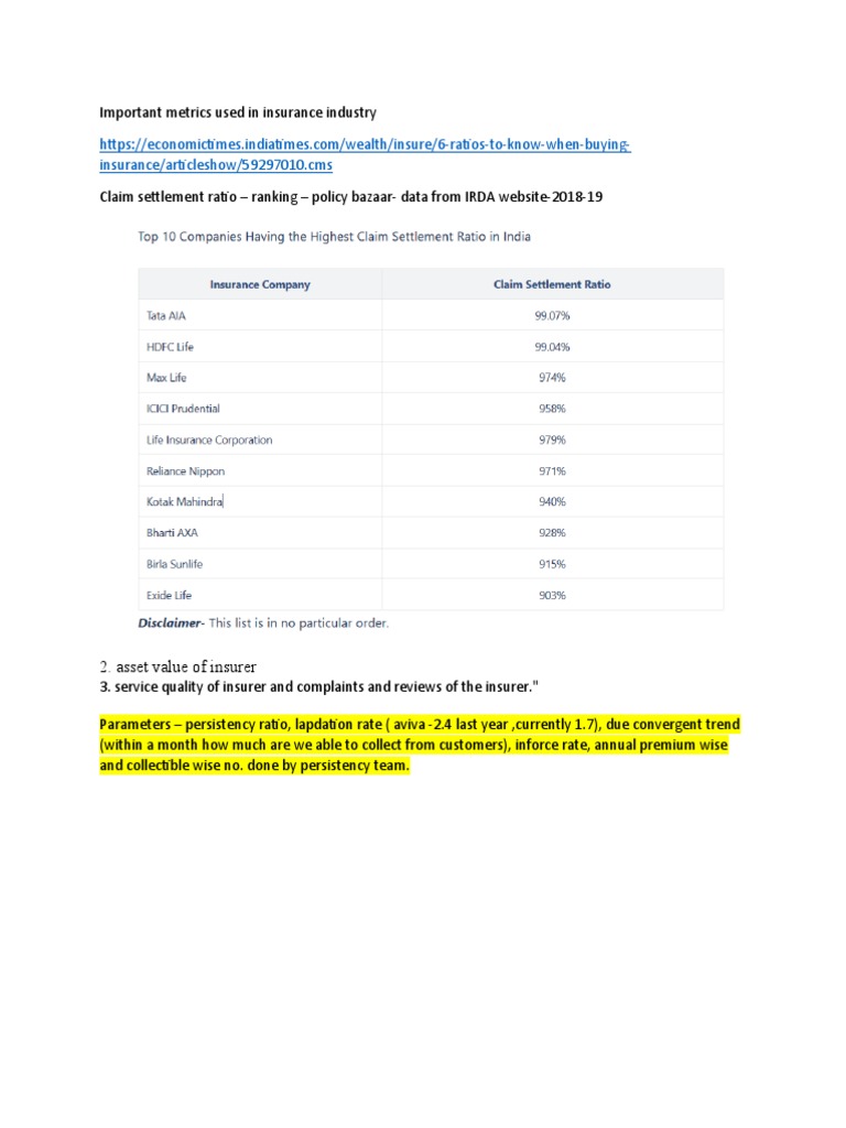 Key Metrics in Insurance Evaluation | PDF | Business | Technology ...