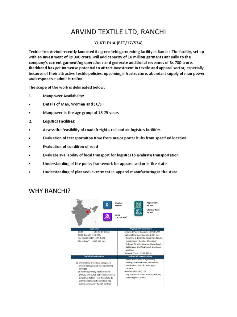 Arvind Textile LTD, Ranchi | PDF | Economies | Textile And Clothing