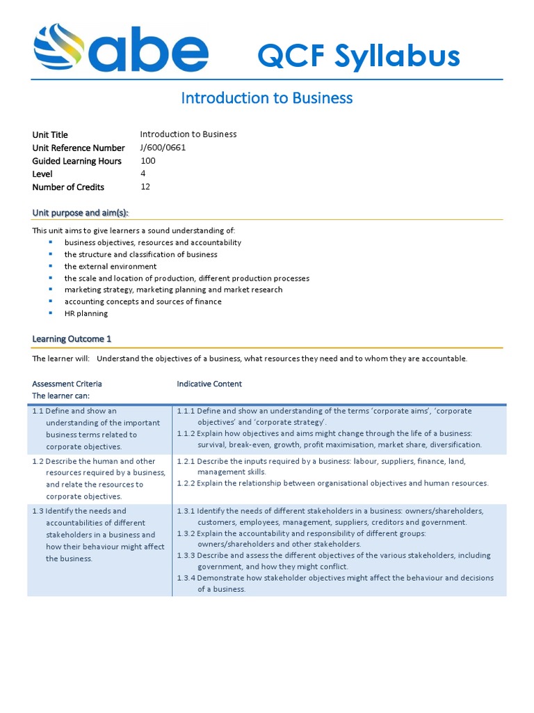 QCF Syllabus: Introduction To Business | PDF | Stakeholder (Corporate ...