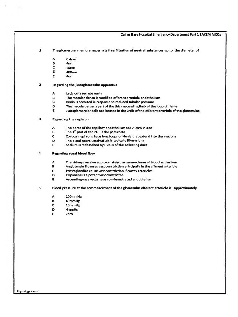 Renal Physiology MCQs for Medical Students | PDF | Kidney | Urinary System