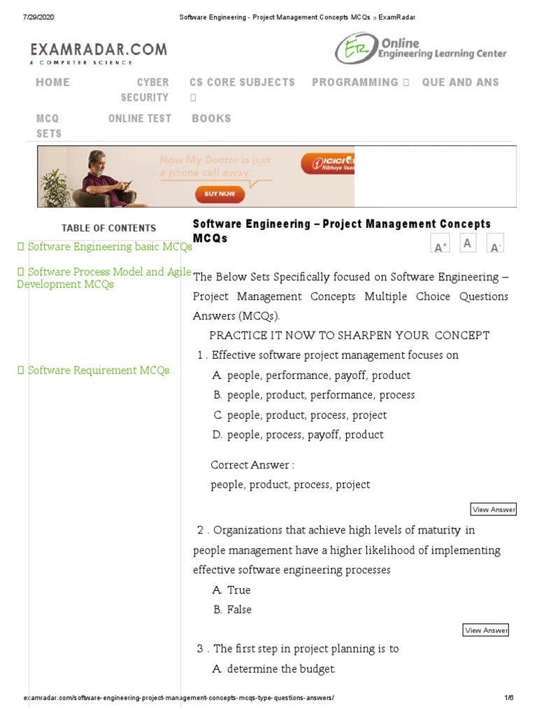 Software Engineering - Project Management Concepts MCQs ExamRadar - 1 | PDF | Multiple Choice ...