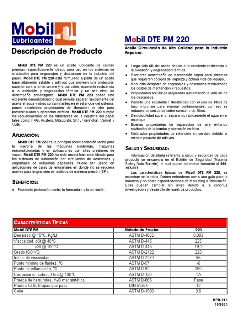 Mobil DTE PM 220 PDF | PDF | Lubricante | Engranaje