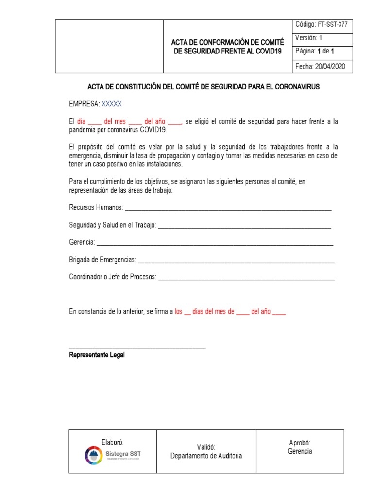 Formato Acta de Conformación de Comité de Seguridad COVID19 | PDF