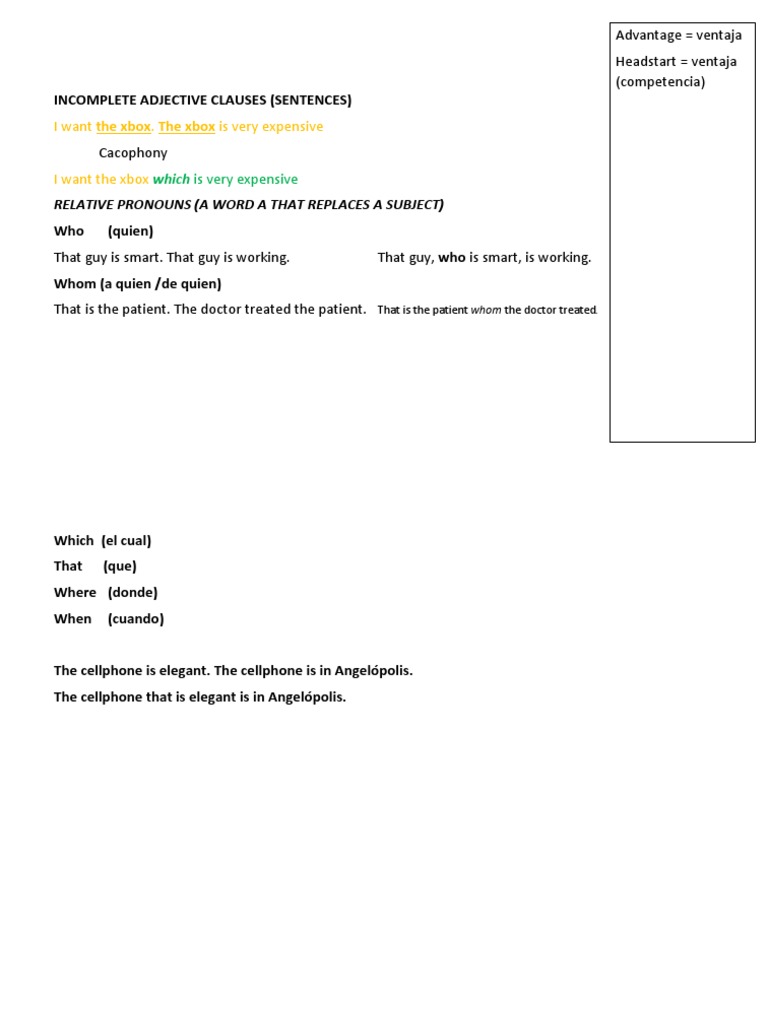 Incomplete Adjective Clauses (Sentences) : Advantage Ventaja Headstart ...