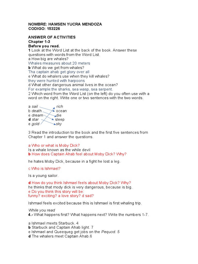 Moby Dick Activity Answers and Analysis | PDF | Moby Dick | Ishmael ...