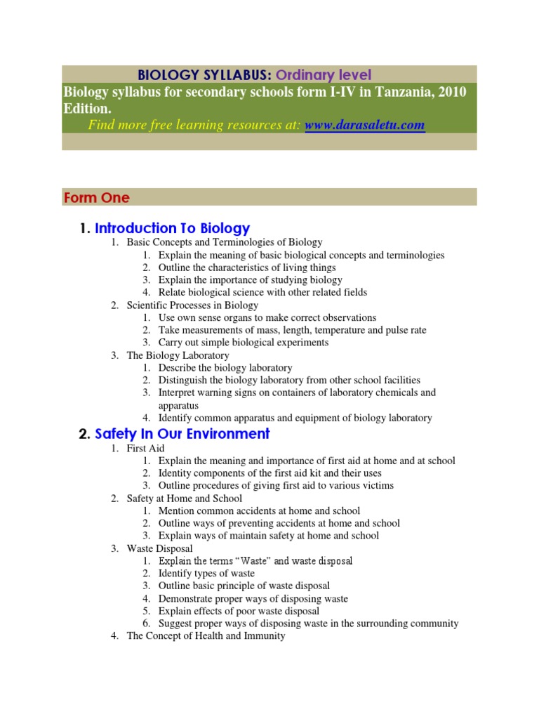 Biology Syllabus For Secondary Schools Form I-IV in Tanzania, 2010 ...