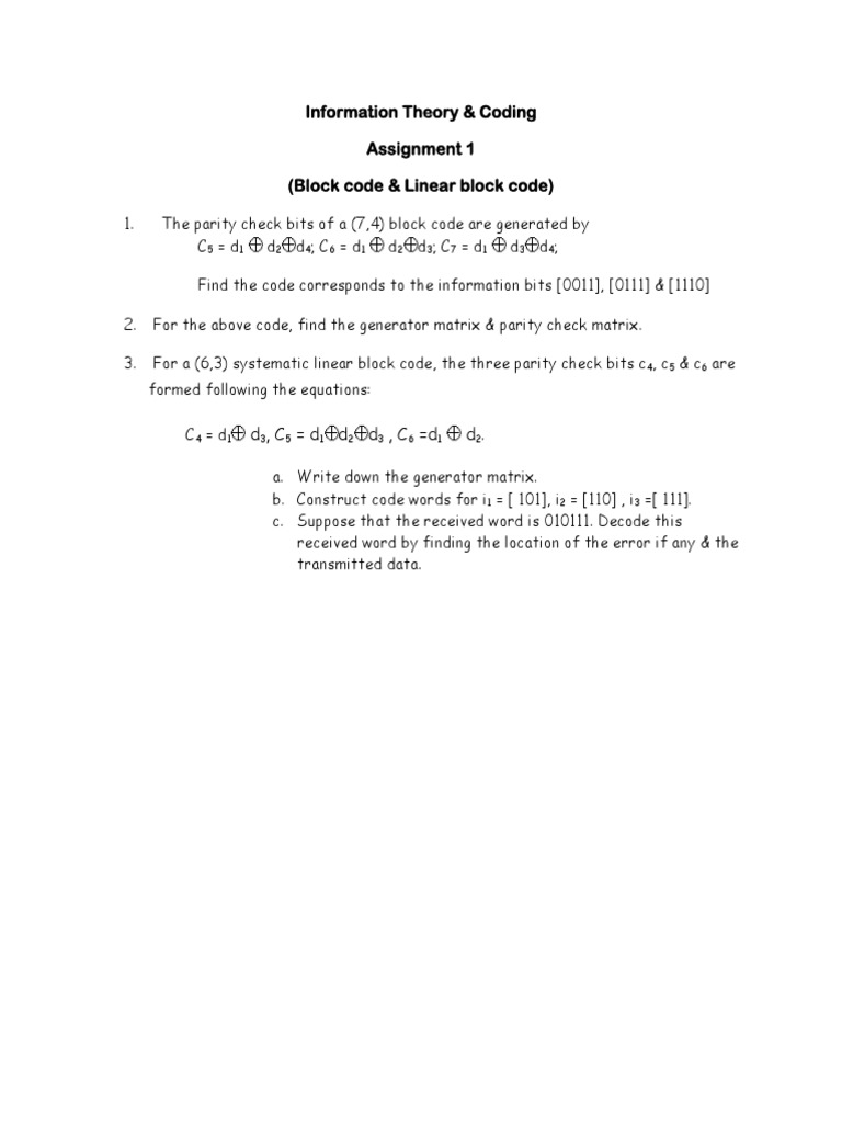 Information Theory & Coding Assignment 1 (Block Code & Linear Block Code) | PDF
