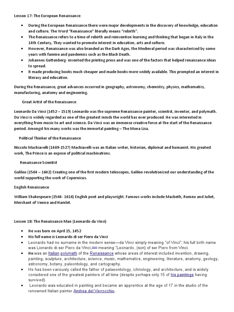 Compiled Lesson Notes Part2 | PDF | Leonardo Da Vinci | Renaissance