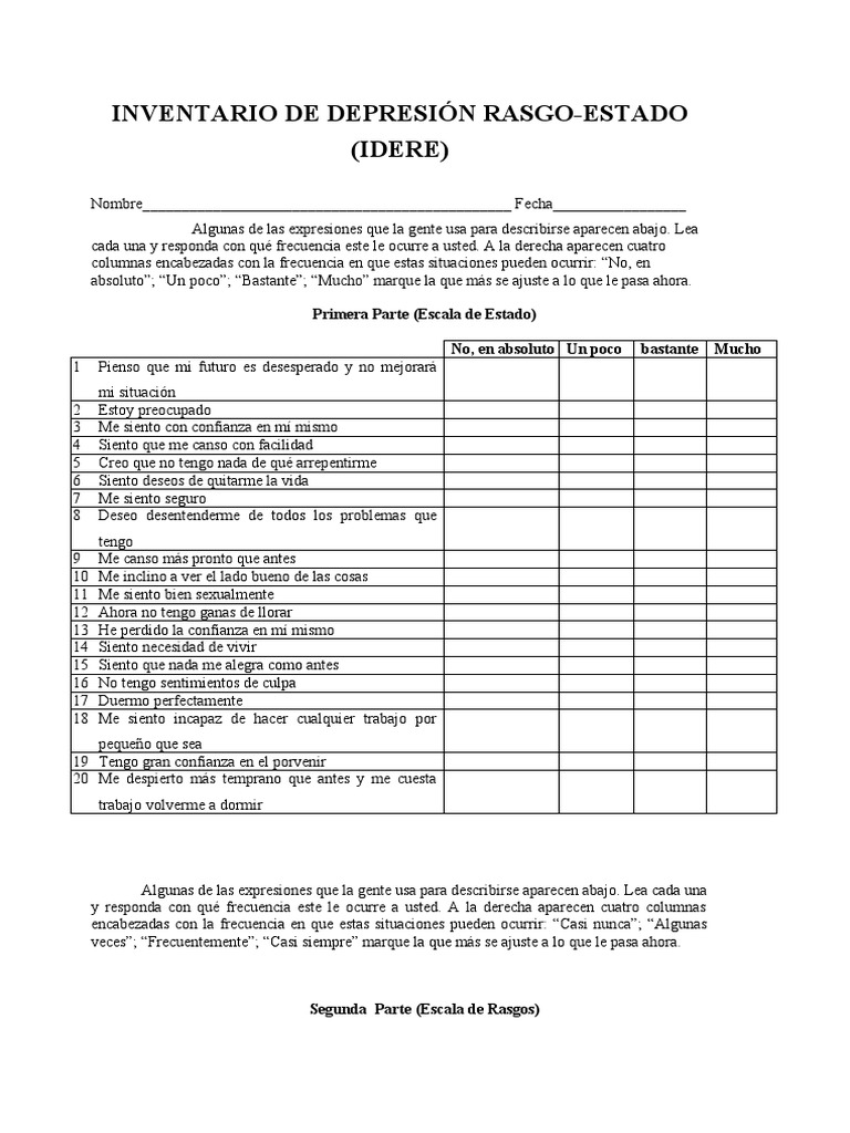 Inventario de Depresión IDERE | PDF | Depresión (estado de ánimo ...