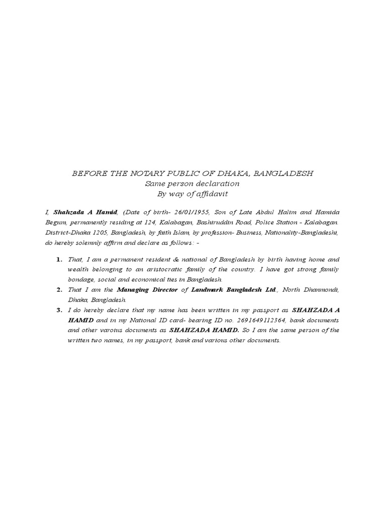 Same Person Declaration Affidavit | PDF