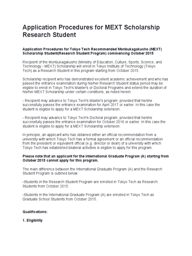 Application Procedures For MEXT Scholarship Research Student | PDF ...