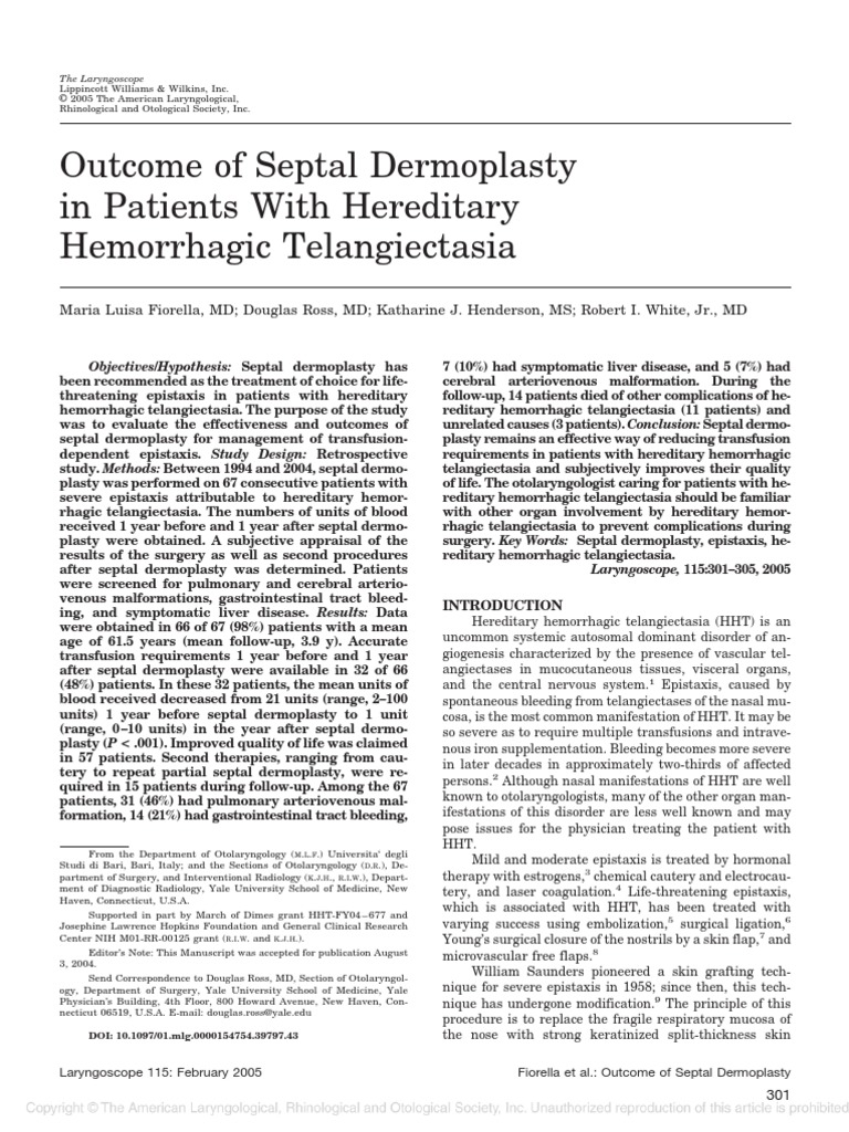 Outcome of Septal Dermoplasty in Patients With Hereditary Hemorrhagic ...