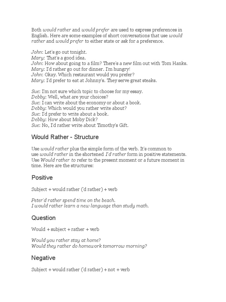 Would Rather - Structure | Download Free PDF | Verb | Grammar