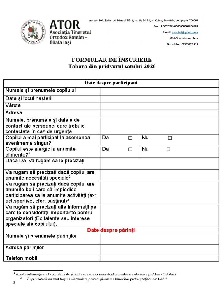 Formular de Inscriere 2020 | PDF