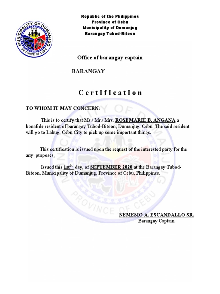 Certification: Office of Barangay Captain Barangay | PDF