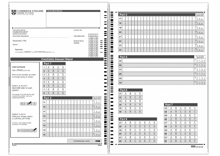 Reading + Use of English Answer Sheet | PDF