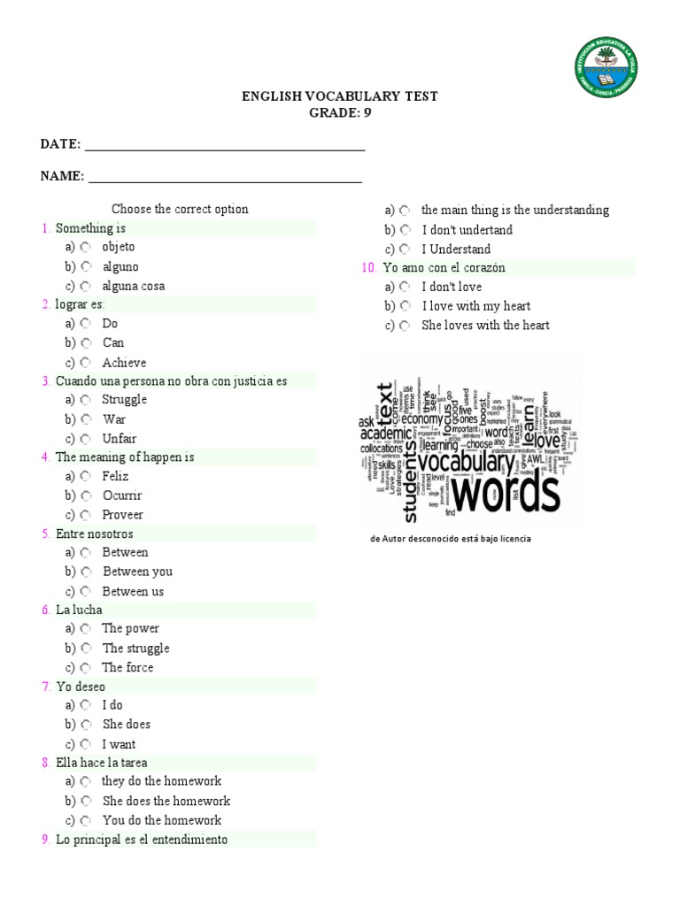Examen Vocabulario Grado 9 | PDF