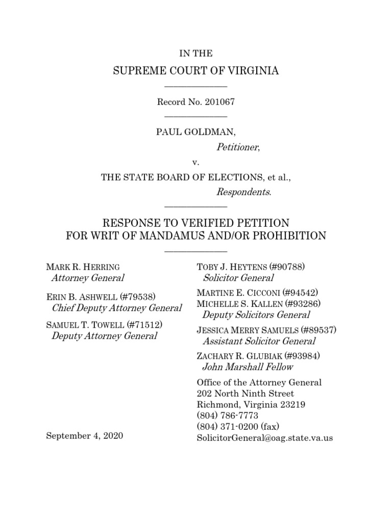 AG Herring Second Response To Petition For Writ of Mandamus | PDF | Mandamus | Standing (Law)