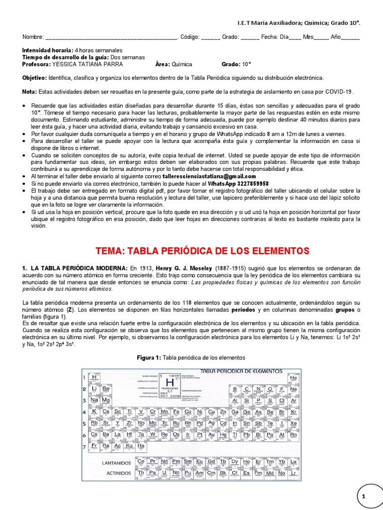 Yessica Tatiana Parra Química Grado 10° Taller 3 Tabla Periódica PDF ...