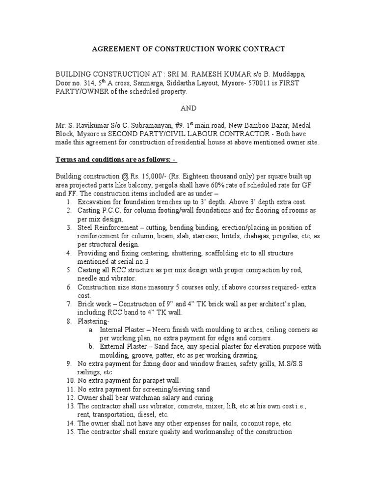 Construction Contract for Residential Building | PDF | Plaster | Wall