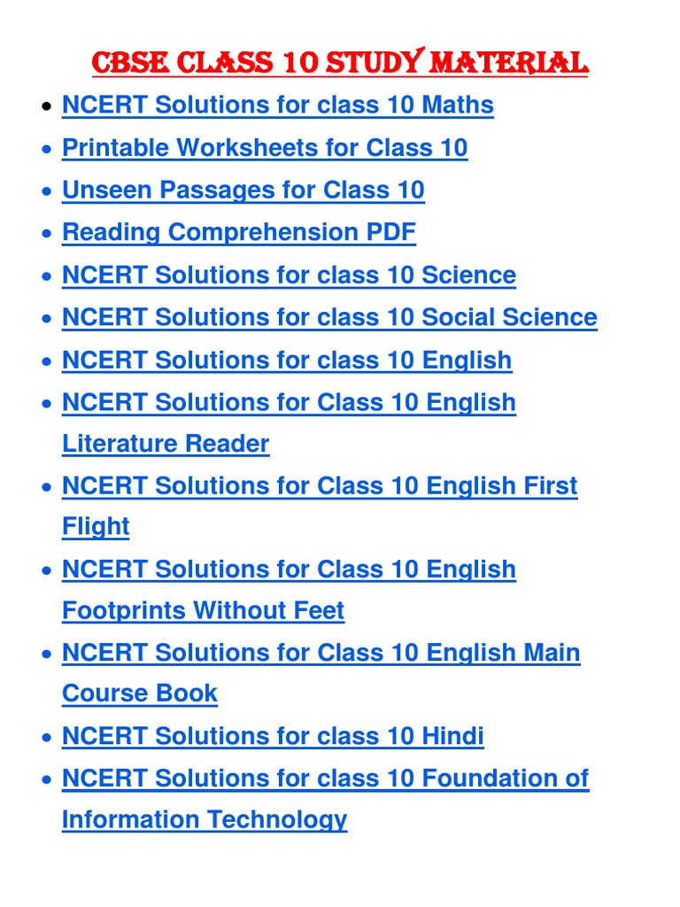 CBSE Study Material For Class 10 | PDF | Multiple Choice | Equations