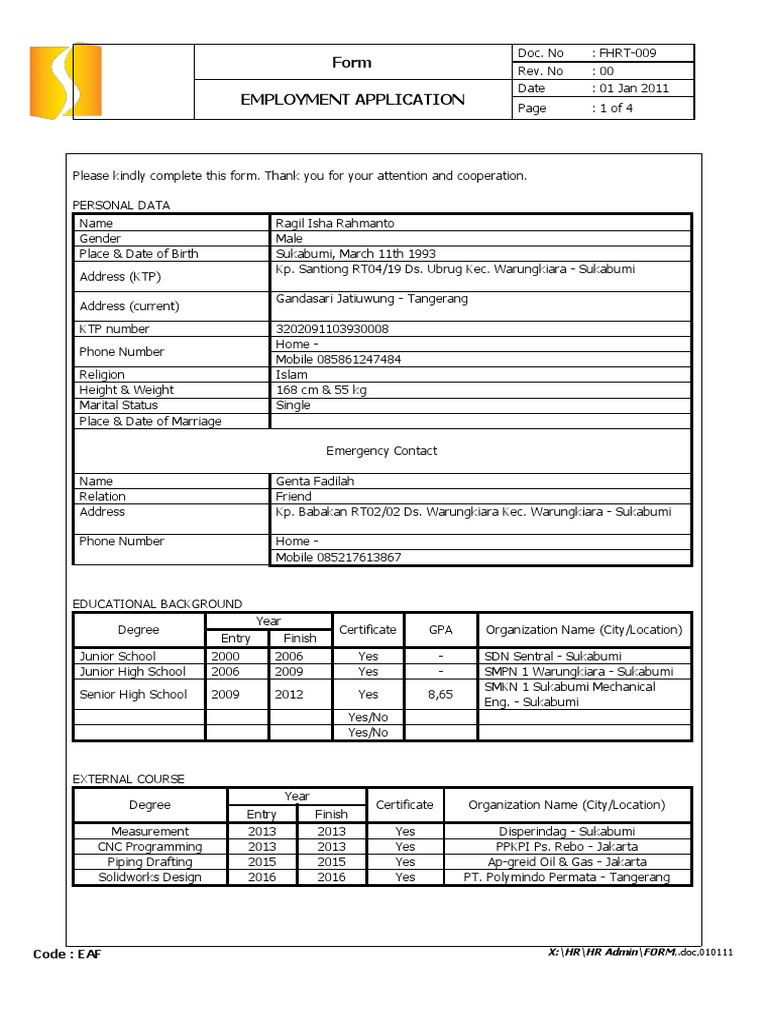 Form Employment Application: Code: EAF | PDF | Business