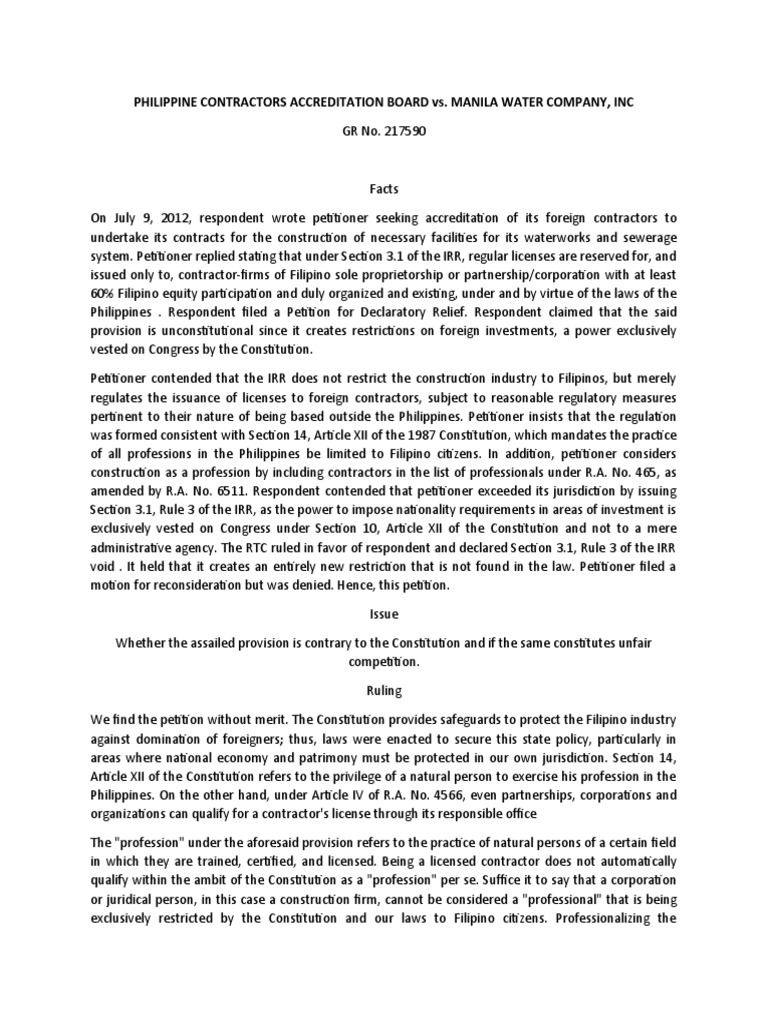 Philippine Contractors Accreditation Board vs. Manila Water Company ...