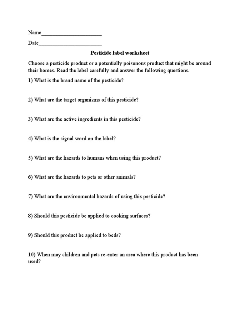 Safe Use & Handling of Pesticides Worksheet | PDF