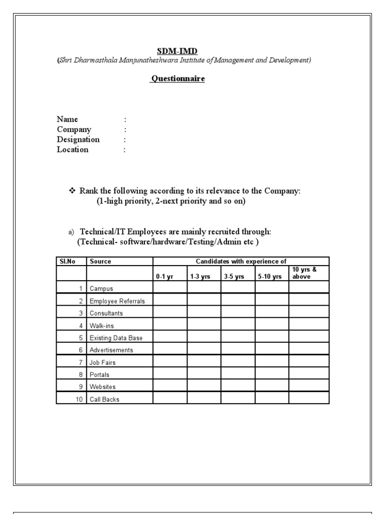 Sdm-Imd Questionnaire: (Shri Dharmasthala Manjunatheshwara Institute of ...