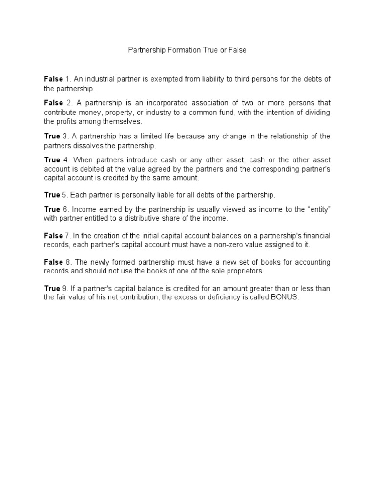 True or False. Partnership Formation | PDF