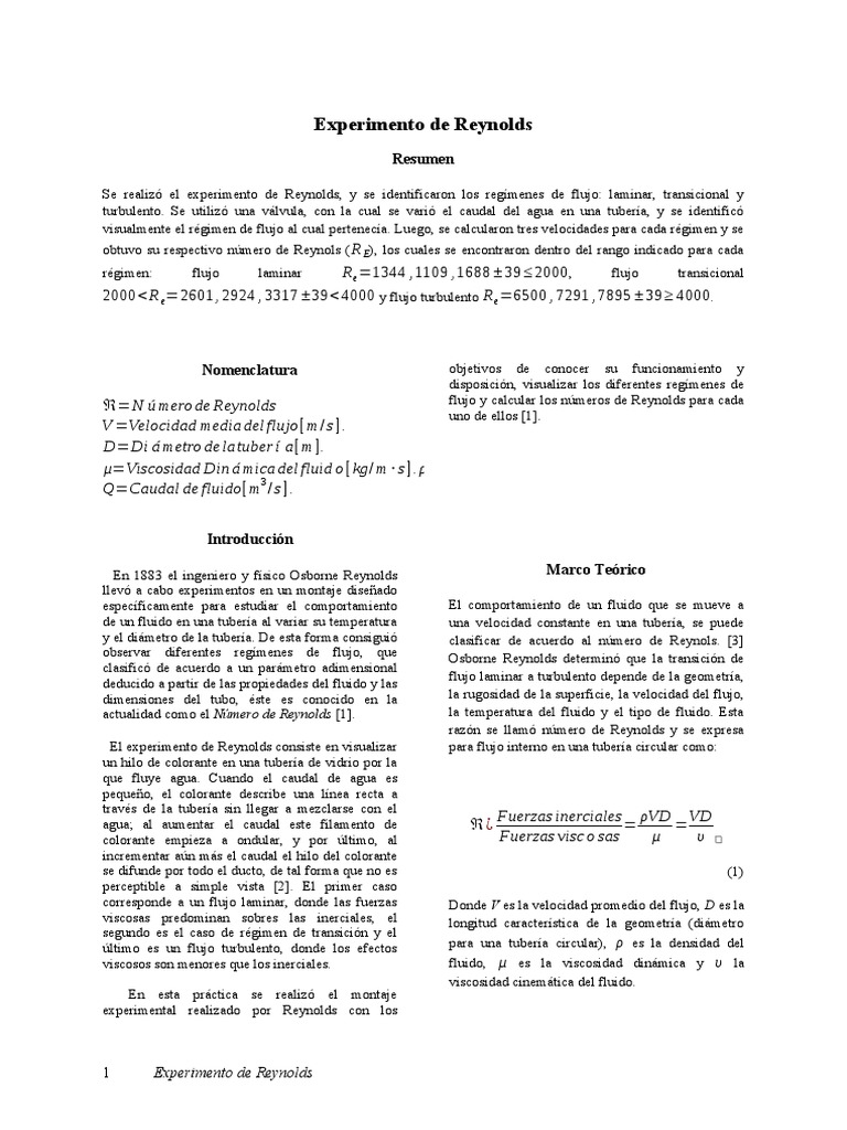 Experimento de Reynolds | PDF | Numero Reynolds | Flujo laminar