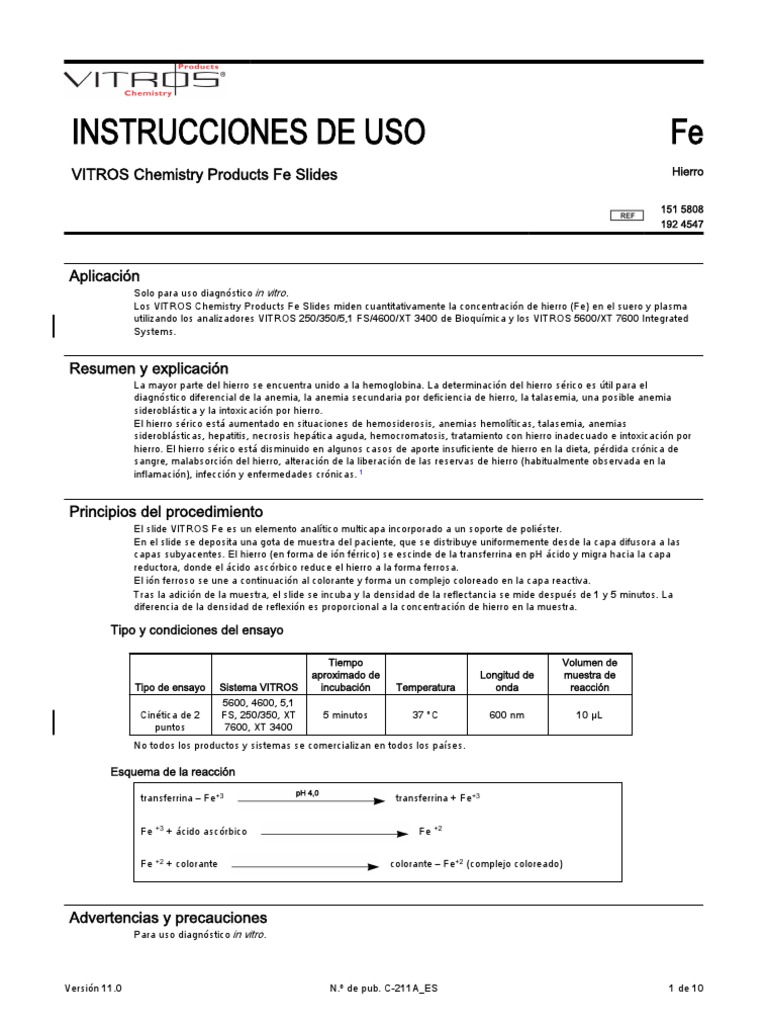 Instrucciones de Uso Fe: VITROS Chemistry Products Fe Slides | PDF ...