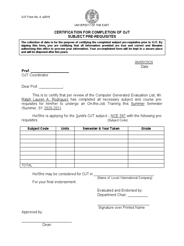 Certification For Completion of Ojt Subject Pre-Requisites: OJT Form No ...