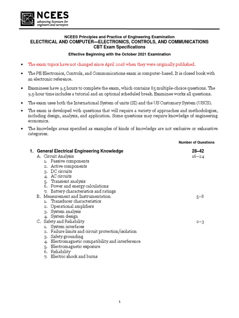 Electrical and Computer - Electronics, Controls, and Communications CBT Exam Specifications ...
