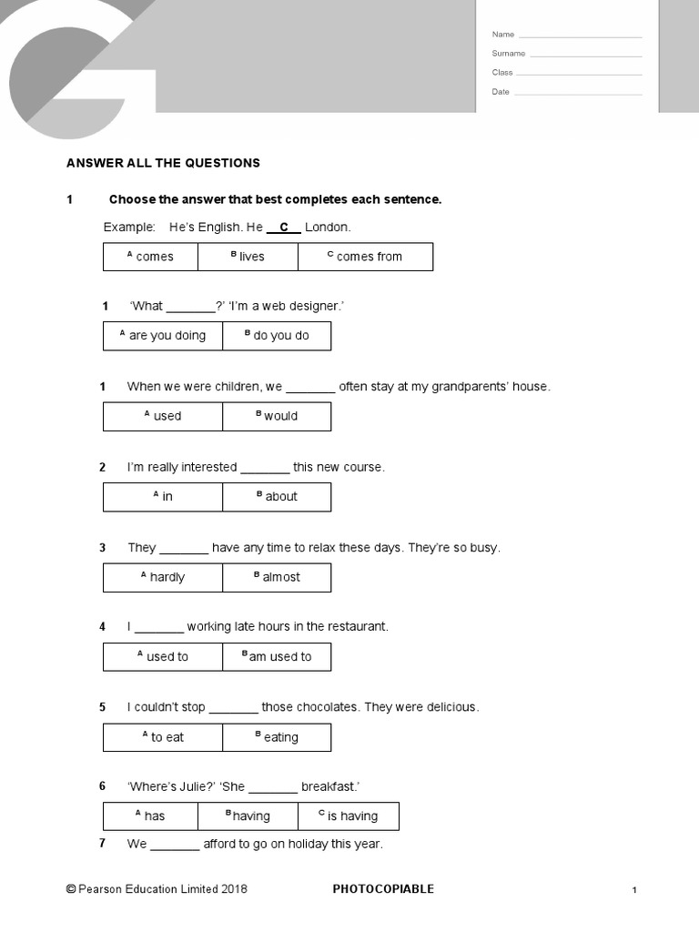 B2 First Full Placement Test: Answer All The Questions 1 Choose The ...