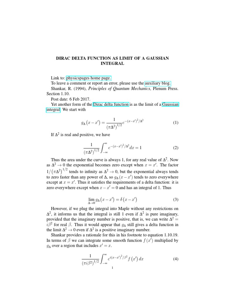 Dirac Delta Function As Limit of A Gaussian | PDF | Integral | Mathematical Objects