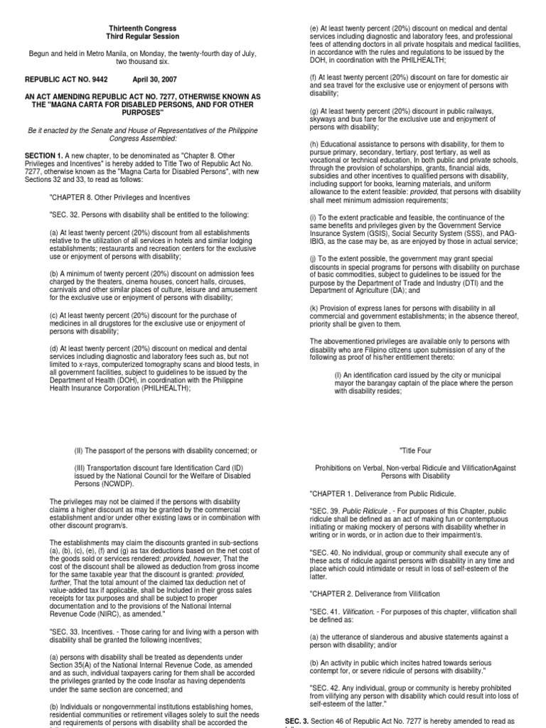 RA 9442 - Amending RA 7277 | PDF | Defamation | Tax Deduction