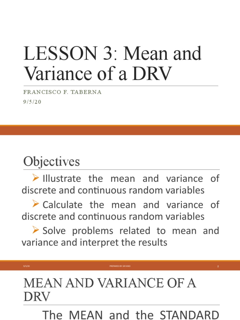 LESSON 3 Mean and Variance of DRV | PDF | Variance | Mean