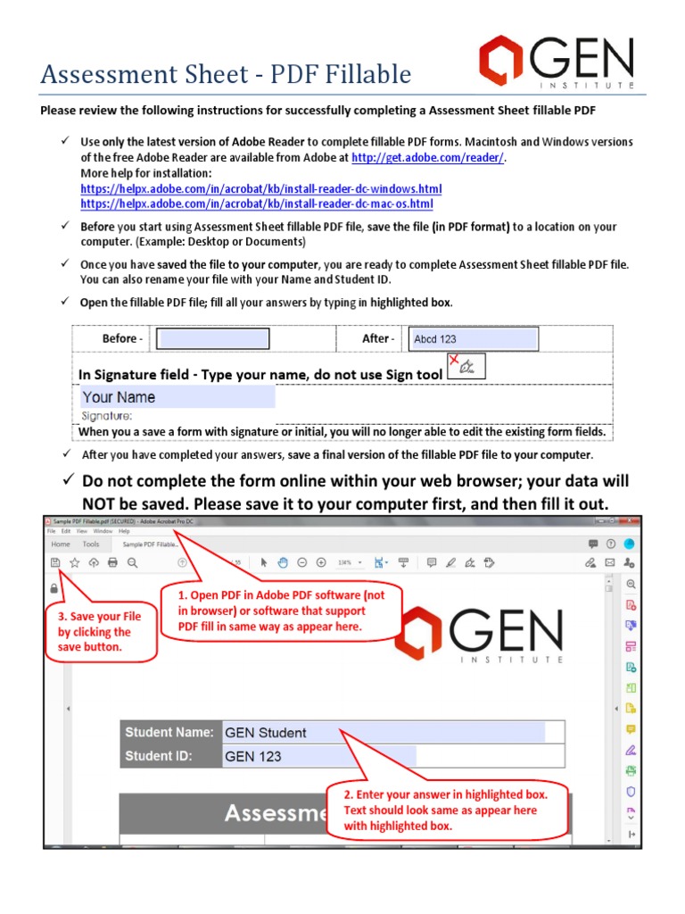 Assessment Sheet - PDF Fillable: Do Not Complete The Form Online Within ...