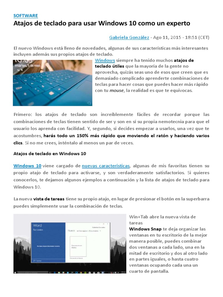 Atajos de teclado Windows 10 | PDF | Windows 10 | Microsoft Windows