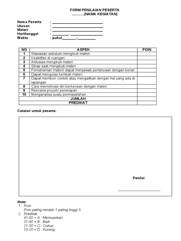 Form Penilaian Peserta | PDF