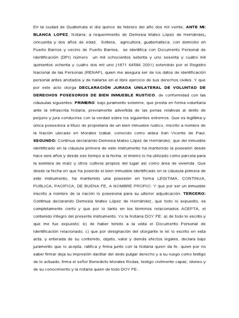 Acta de Declaración Jurada de Derechos Posesorios | PDF | Guatemala | Justicia