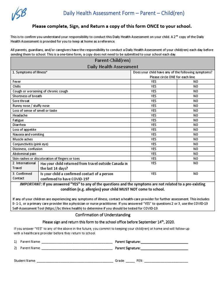 Daily Health Assessment Form - Student and Parent | PDF | Symptom ...