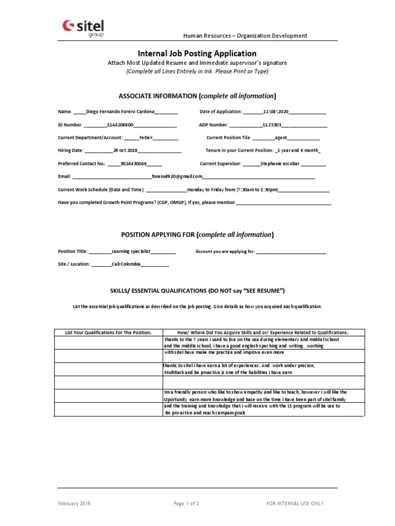 Internal Job Posting Application: ASSOCIATE INFORMATION (Complete All ...