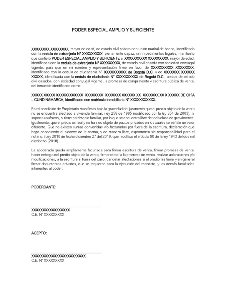 Poder Especial Amplio y Suficiente para Firma de Promesa de Compraventa ...