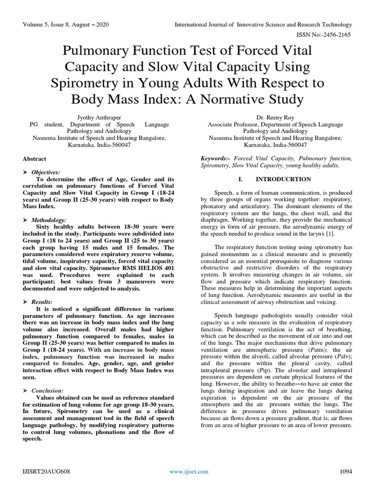 Pulmonary Function Test of Forced Vital Capacity and Slow Vital ...
