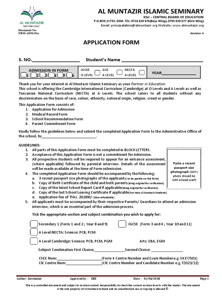 Al Muntazir Islamic Seminary: Application Form | PDF | Schools | Legal ...