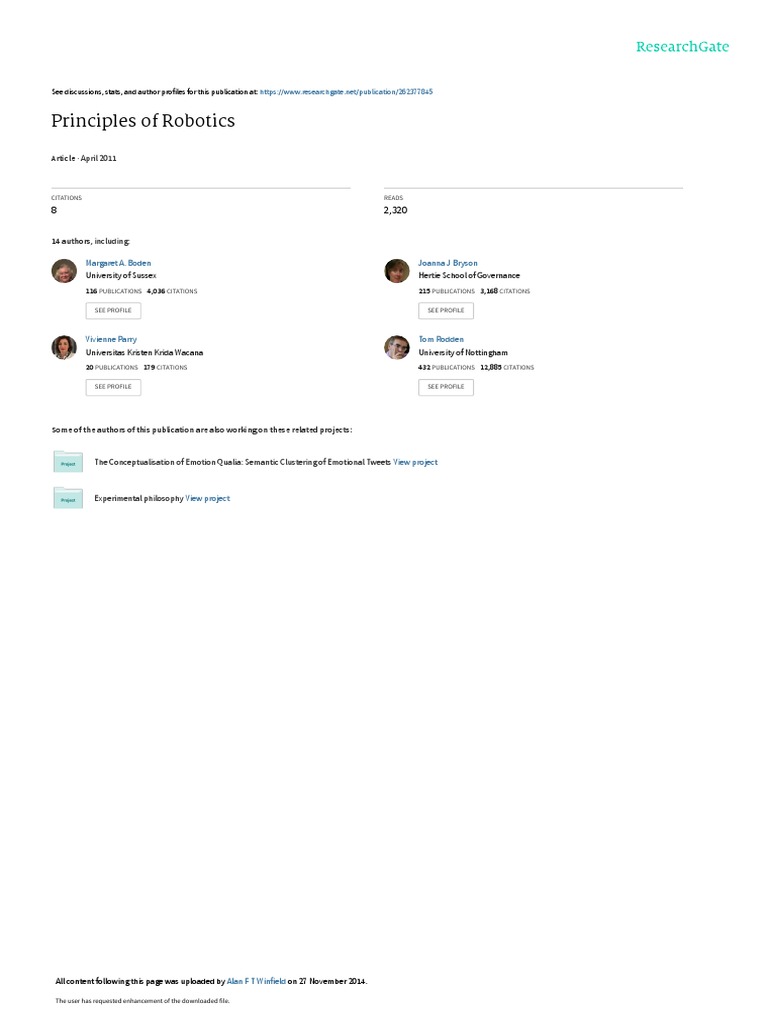 Principles of Robotics: April 2011 | PDF | Robot | Robotics